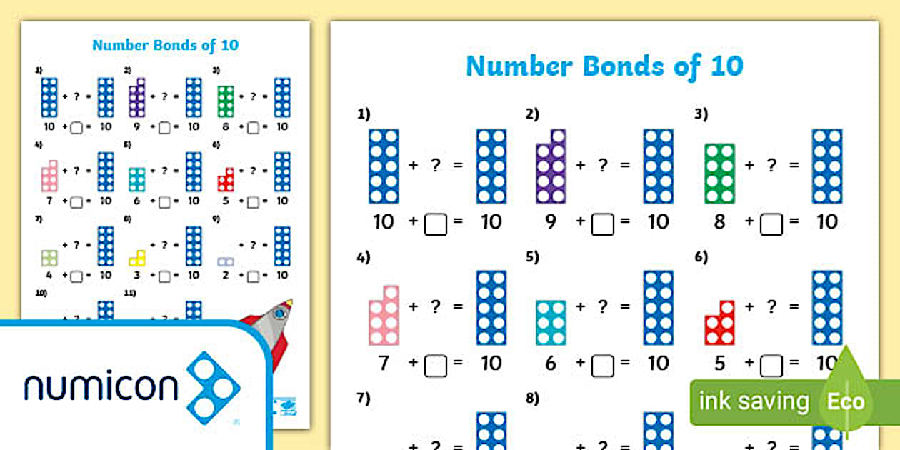 Higher Ability Numicon Shapes Number Bonds of 10 Worksheet